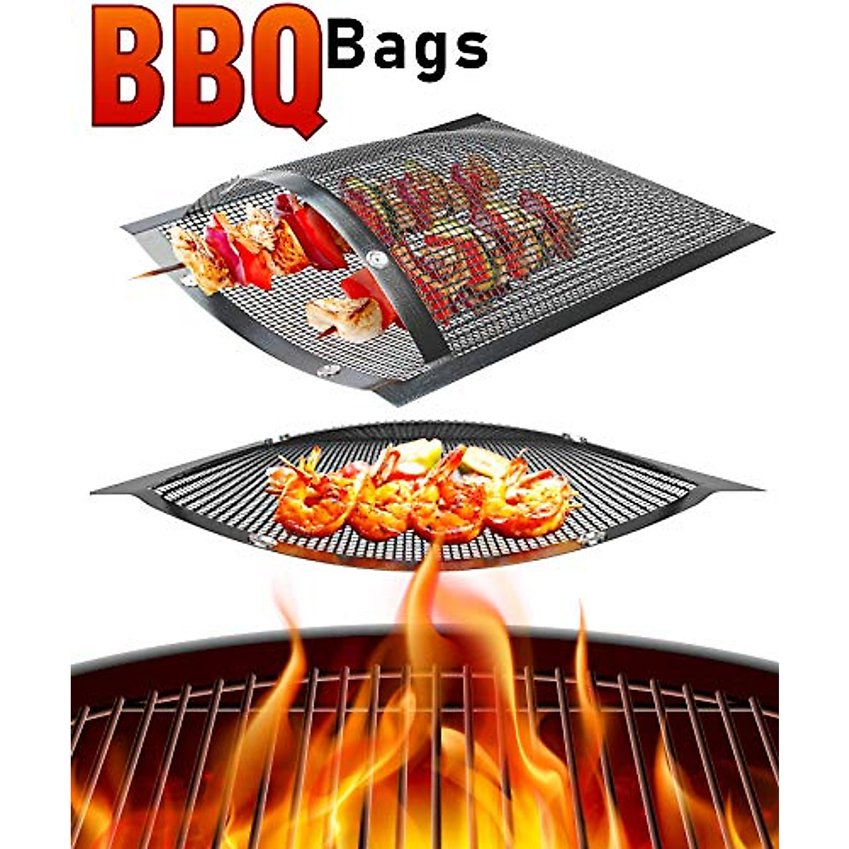 Skywin Mesh Grill Bags 11 x 9 inches - Non Stick Temperature Resistant PTFE Reusable Mesh Barbecue Pouches for Easy BBQ Grilling of Onions Peppers Vegetables Shrimp and More (4 Bags)
