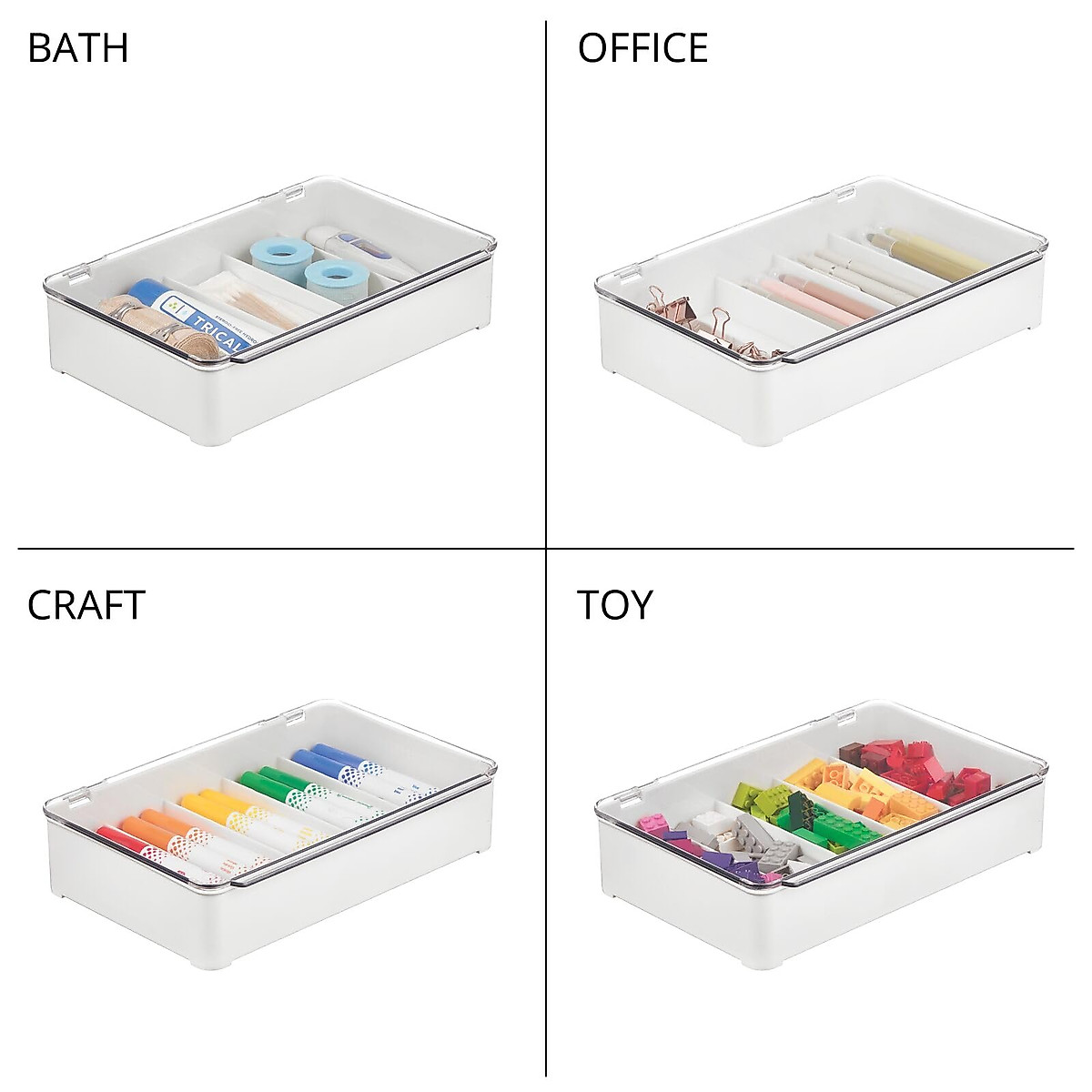 mDesign Plastic Stackable Eyeglass Case Storage Organizer with Hinged Lid for Unisex Sunglasses, Reading Glasses, Fashion Eye Wear, Protective Glasses, 5 Sections, Ligne Collection - 2 Pack - White