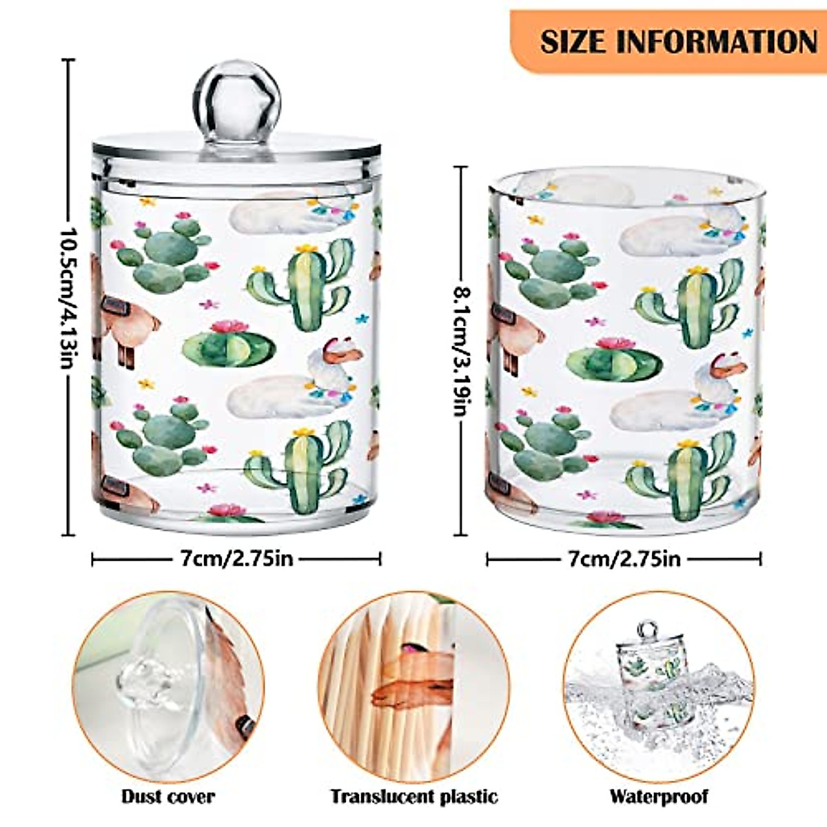 Nander 2Pack Qtip Holder Dispenser -Llama Cactus Clear Plastic Apothecary Jars Set - Restroom Bathroom Makeup Organizers Containers for Cotton Swab, Ball, Pads, Floss