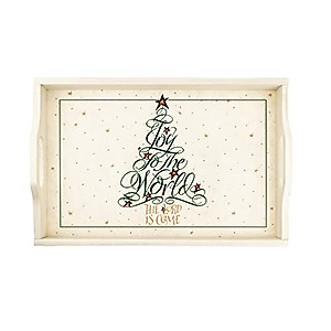 Elysian Gift Shop Joy to The World Christmas Serving Tray- Rustic Farmhouse Modern slatted Wood Look with Handles and Christmas Tree Christmas Decorative Large Platter, Ivory, 18x12