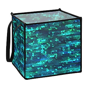 KEEPREAL Mermaid Sequins Cube Storage Bin with Handles, Large Collapsible Organizer Storage Basket for Home Decorative(1Pack,10.6 x 10.6 x 10.6 in)