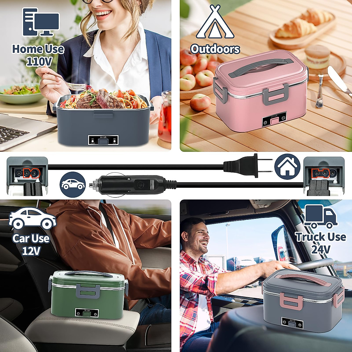 IFENROL Electric Heated Lunch Box for Adults, 100W 3-IN-1 1.8L Heated Lunch Box for Men Portable with Double Layer 2 Container, Fast Heating Food Warmer,12V/24V/110V for Car Truck Office Home Travel