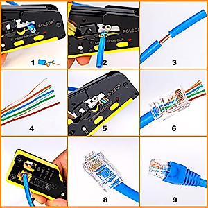 Solsop Network/Phone Cable Tester RJ45 Crimp Tool Pass Through Modular CAT6 Crimping Tool Kit, 50PCS CAT6 Pass Through Connectors, 50PCS RJ45 Boots, Mini Wire Stripper, Wire Cutter plier