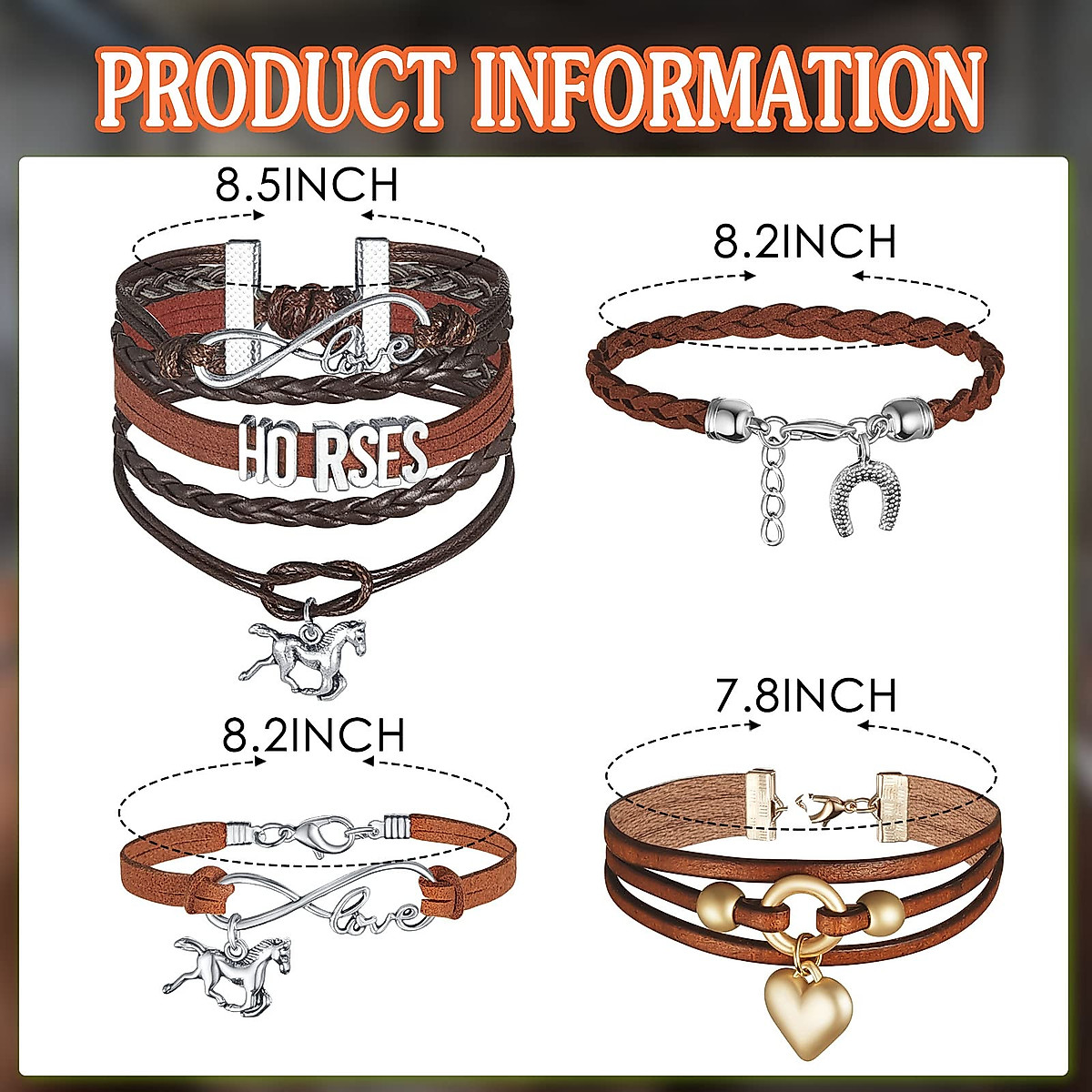 Bonuci 4 Pieces Horse Bracelet Horse Party Favors Infinity Bracelet Horse Charm Handmade Leather Horse Bracelet Adjustable Jewelry (Cute Style)