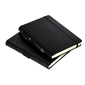 Thick Hardcover Notebook/Journal with A5 120gsm Premium Paper, College Ruled Bound with Pen Holder, Black Leather, 3 Ribbon Marker, Inner Pocket, 8.4 x 5.7 in