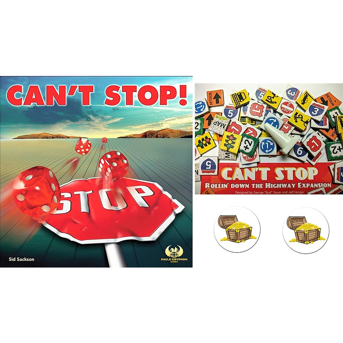 AMA Can't Stop Board Game Bundle of Base Game and The Expansion Plus Two Treasure Chest Buttons