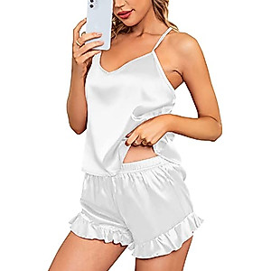 Senert Women Silk Pjs Set Lingerie Racerback Cami Tops Ruffled Shorts Sets Pajamas for Women White,M