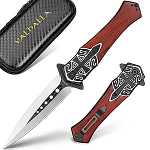 VALHALLA PASTOR 2 Pocket Knife, 3.7'' D2 Steel Cool knives, 3D Retro Embossed Folding Knife with Wooden Inlay, Pocket Knife For Men, Liner Lock, Gift for men women