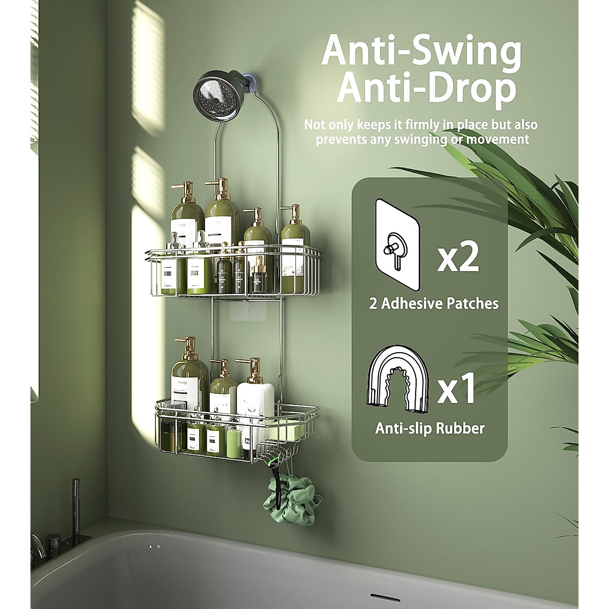 WXCGX Hanging Shower Caddy Over Shower Head Organizer: Height Adjustable Large Bathroom Storage Shelf with Soap Holder - Stainless Rustproof Shower Rack Basket with Hooks for Sponge Razor - Silver