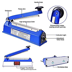 Suteck 8 inch Impulse Bag Sealer, Manual Poly Bag Sealing Machine w/Adjustable Timer Electric Heat Seal Closer with 50Pcs 4X6 Inch Shrink Wrap Bag and 2 Free Replacement Kit (Sapphire)