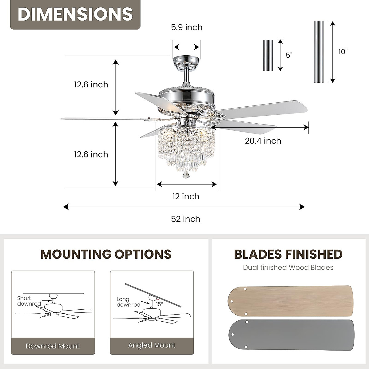 Moooni 52 Inch Modern Crystal Ceiling Fan with Lights and Remote, Elegant Chandelier Fan Light KIt Fandelier with 5 Wooden Blades for Bedroom Living Room Silver