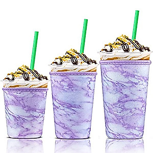 3 Pack Iced Coffee Cup Sleeve for Large Sized Cups, Reusable Neoprene Iced Coffee Cup Holder for Hot Cold Drinks, Compatible with Starbucks, Dunkin Donuts, and More（Purple Marble）