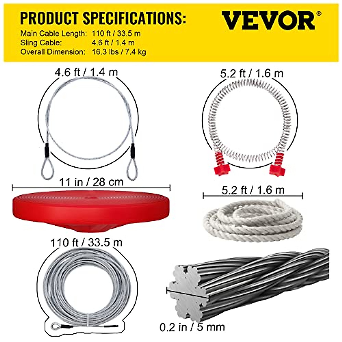 VEVOR Zip line Kits for Backyard 110FT, Zip Lines for Kid and Adult, Included Swing Seat, Zip Lines Brake, and Steel Trolley, Outdoor Playground Equipment Red