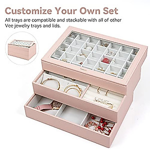 Vee Stackable Jewelry Tray for Drawer, High-Capacity Jewelry Drawer Dresser Storage Organizer for Earring, Ring, Necklace(3 pack with lid, Pink)