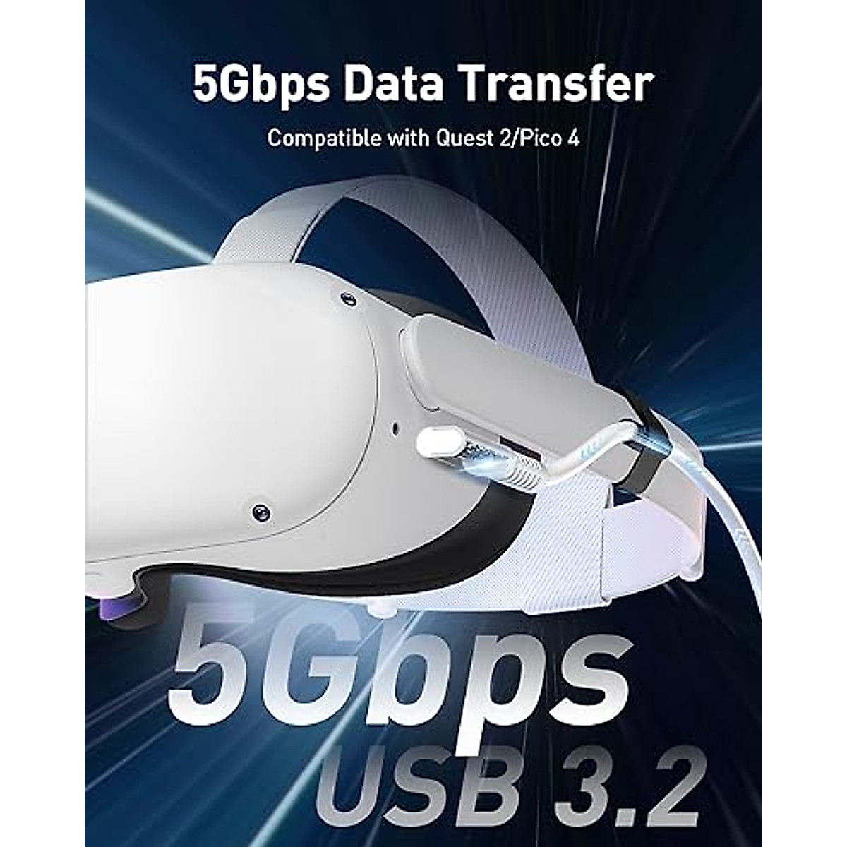 PRISMXR VR Link Cable 16FT USB 3.2 Type C to C Compatible with Meta Quest 3/ Quest 2/ Quest Pro/Pico 4 Accessories and PC/Steam VR USB Link Auto-Connect, 5Gbps High Speed (White)