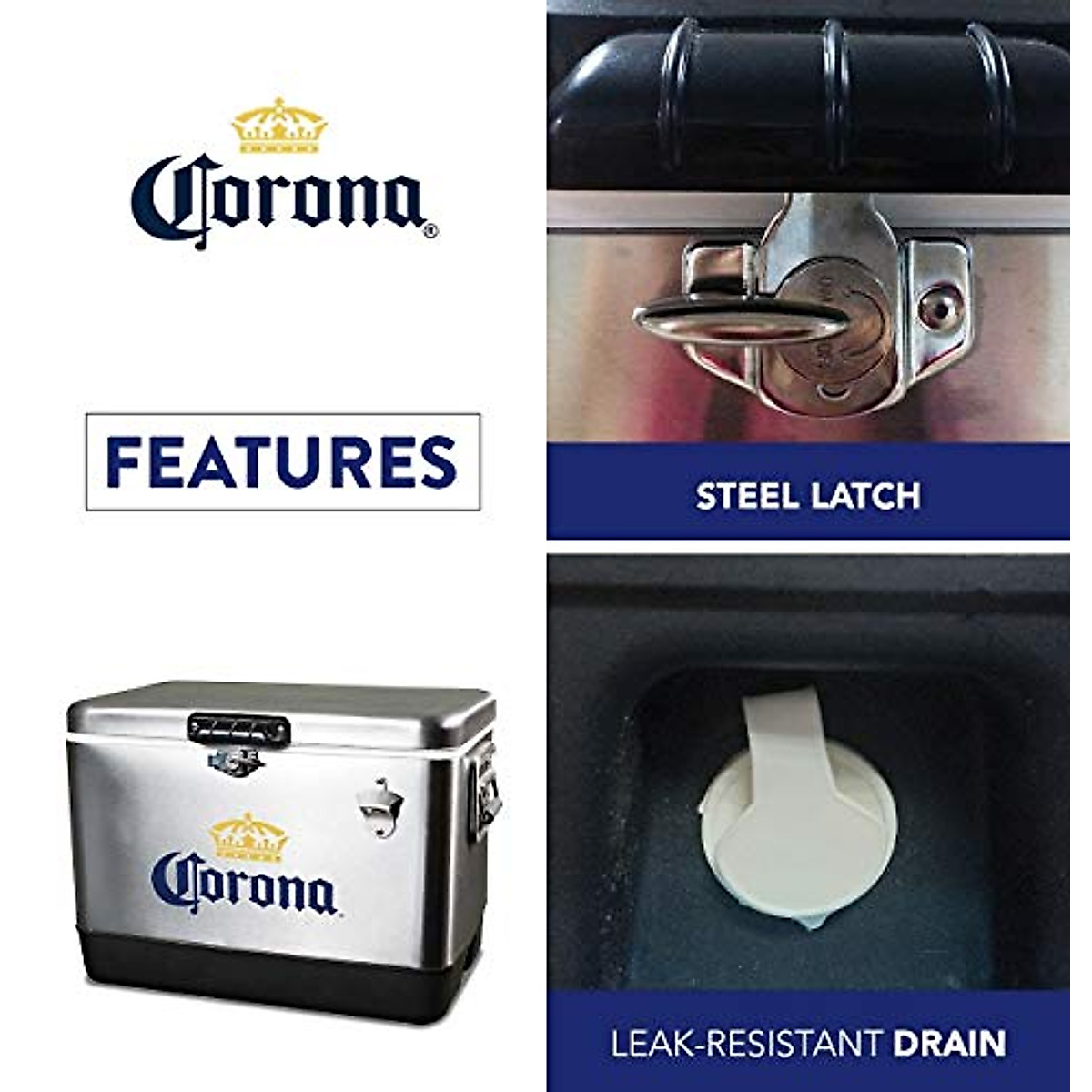 Corona Ice Chest Beverage Cooler with Bottle Opener, 51L (54 qt), 85 Can stainless steel Portable Cooler, Silver and Black, for Camping, Beach, RV, BBQs, Tailgating, Fishing