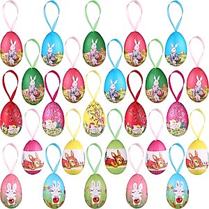 25 Pieces Paper Mache Egg Hanging Ornaments Easter Decoration, Foam Easter Bunny Hen and Egg Ornaments for Party Garden Home Decoration