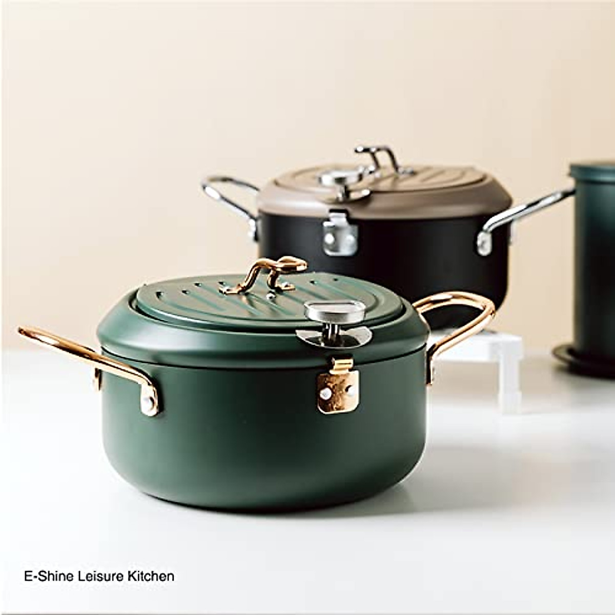 Deep Fryer Pot by E-Shine Leisure Kitchenware, Japanese Style Tempura Deep Fryer with Fahrenheit Thermometer, Small and Easy Clean, Vintage Green, DIAM. 9.5”