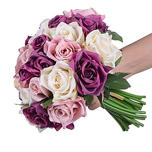 Artiflr Artificial Flowers Rose Bouquet 2 Pack Fake Flowers Silk Plastic Artificial White Roses 18 Heads Bridal Wedding Bouquet for Home Garden Party Wedding Decoration