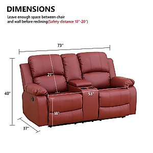 Mlxgoie 73" Leather Loveseat Sofa Manual Double Recliner Chair with Cup Holders and Storage Space, 74.5x37x40 in, Red