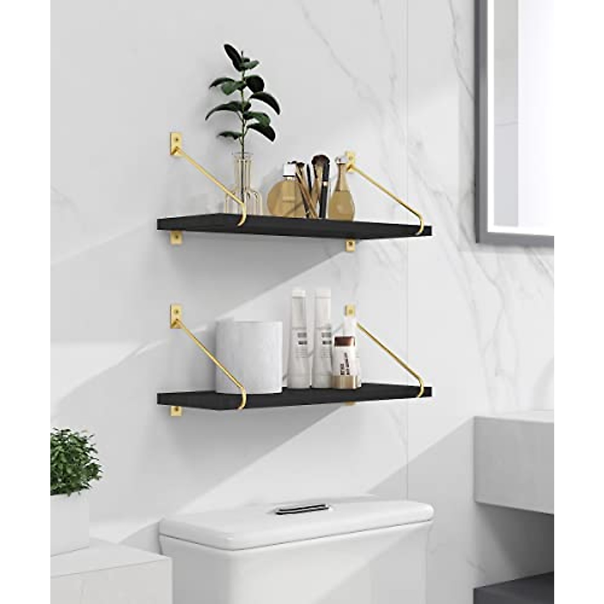 Gronda Black Floating Shelves Set of 2, Black Gold Wall Shelves Minimalist Modern Wall Decor Wooden Bookshelves Trophy Display Storage Plants Floating Shelves Wall Mount Living Room Bedroom Bathroom