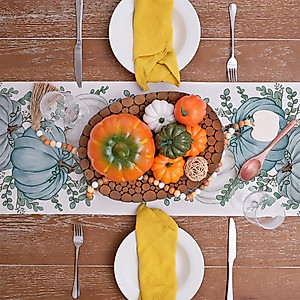 GEEORY Fall Table Runner, 13x72 Inch Pumpkins Eucalyptus Leaves Farmhouse Decor Table Decoration for Kitchen Dinning, Indoor Outdoor Dinner Party (Blue Pumpkins) GT110-72