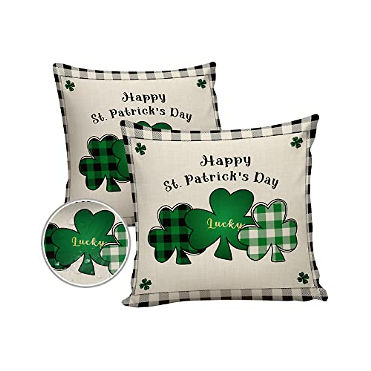 Outdoor Pillows 18x18 Waterproof Outdoor Pillow Covers, St. Patrick's Day Clovers Lucky Polyester Throw Pillow Covers Garden Cushion Decorative Case for Patio Couch Decoration Set of 2, Buffalo Plaid
