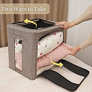 2 Pack 53L Oxford Steel Frame Storage Box for Closet Organization, Collapsible Storage Bins for Clothes blankets, Stackable Storage Boxs with Clear Windows and Handles, Beige