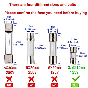 BOJACK Mini Fuse 3.6x10mm 2.5A 2.5amp 125V 0.14x0.39 Inch F2.5AL125V Fast-Blow Glass Fuses (Pack of 20)
