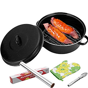 Enameled Roasting Pan with Lid, 11 Inch Covered Roaster Pan Turkey Roaster Pan-Cooling Holes On The Bottom, Small Cookware for Turkey, Meat, Vegetables, Sweet Potatoes