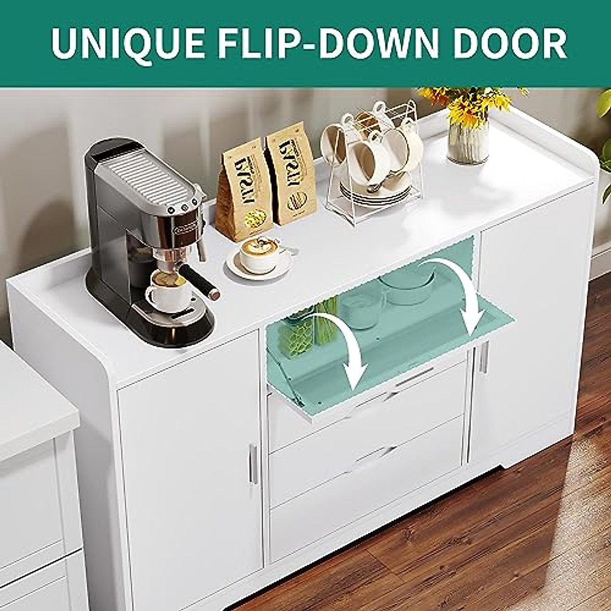 YITAHOME Sideboard Buffet, Modern Buffet Cabinet Storage Cabinet with LED Lights, Freestanding Pantry Coffee Bar Cabinet 300 Ibs Capacity for Hallway, Entryway, Kitchen or Living Room, White