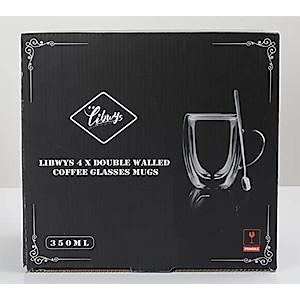 LIBWYS 4 Pack Double Walled Coffee Cups Glasses Mugs, 12oz Espresso Cappuccino Latte Tea Cups with Handle, Heat Resistant Borosilicate Clear Glasses 350ml