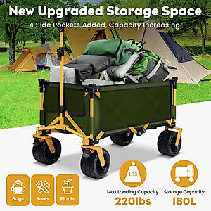 Calanofin Collapsible Folding Wagon Cart Utility 180L Portable Heavy Duty Garden Cart with All-Terrain Beach Wagon with Big Wheels for Sand, Side Pockets & Drink Holders for Shopping Camping Outdoors