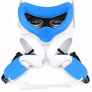 Face Cover & Controller Grip Protective Sleeve for Oculus Quest 2 Light Proof Silicone Face Pad Cushion Anti Collision Handle Cover Shell w/Adjustable Wrist Knuckle Strap No Signal Block (Blue)