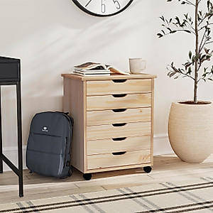 Linon Callie Multipurpose Six Drawer Dresser Wide Wood Rolling File Cabinet Storage Cart in Natural