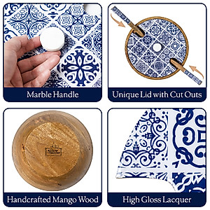 Decorative Wooden Salad Bowl Set with Lid and Servers in Moroccan Blue. Premium Mango wood bowls with Tongs Set for Salads, Cereal, Popcorn & Fruit. Great for Home and Entertainment! 12" Wooden bowl.