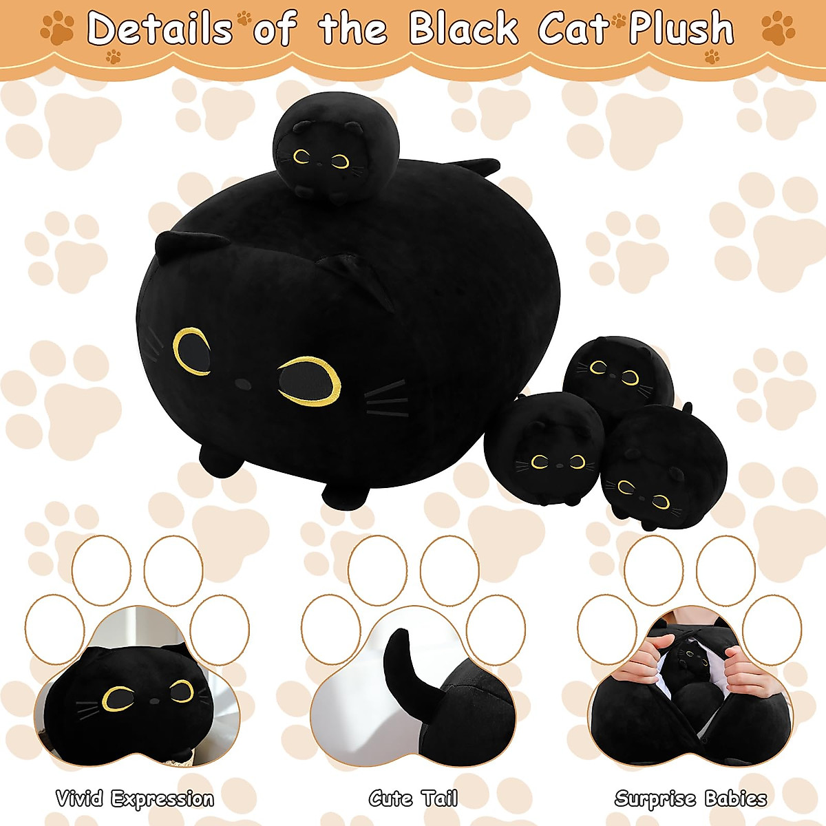 TOYSYM Black Cat Stuffed Animal Mommy Cat Plush Toys with 4 Squishy Baby in Her Tummy Soft Cute Hugging Pillows for Boys and Girls
