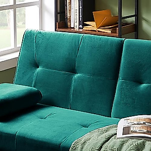 Eafurn Upholstered Futon Sofa Bed with Mattress and Frame, Convertible Loveseat Lounge Couch Daybed,Folding Love Seat w/Adjustable Backrest Sofabed, Green Soft Velvet