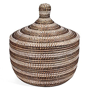 African Fair Trade Handwoven Striped Warming Basket, Black, Silver, and White