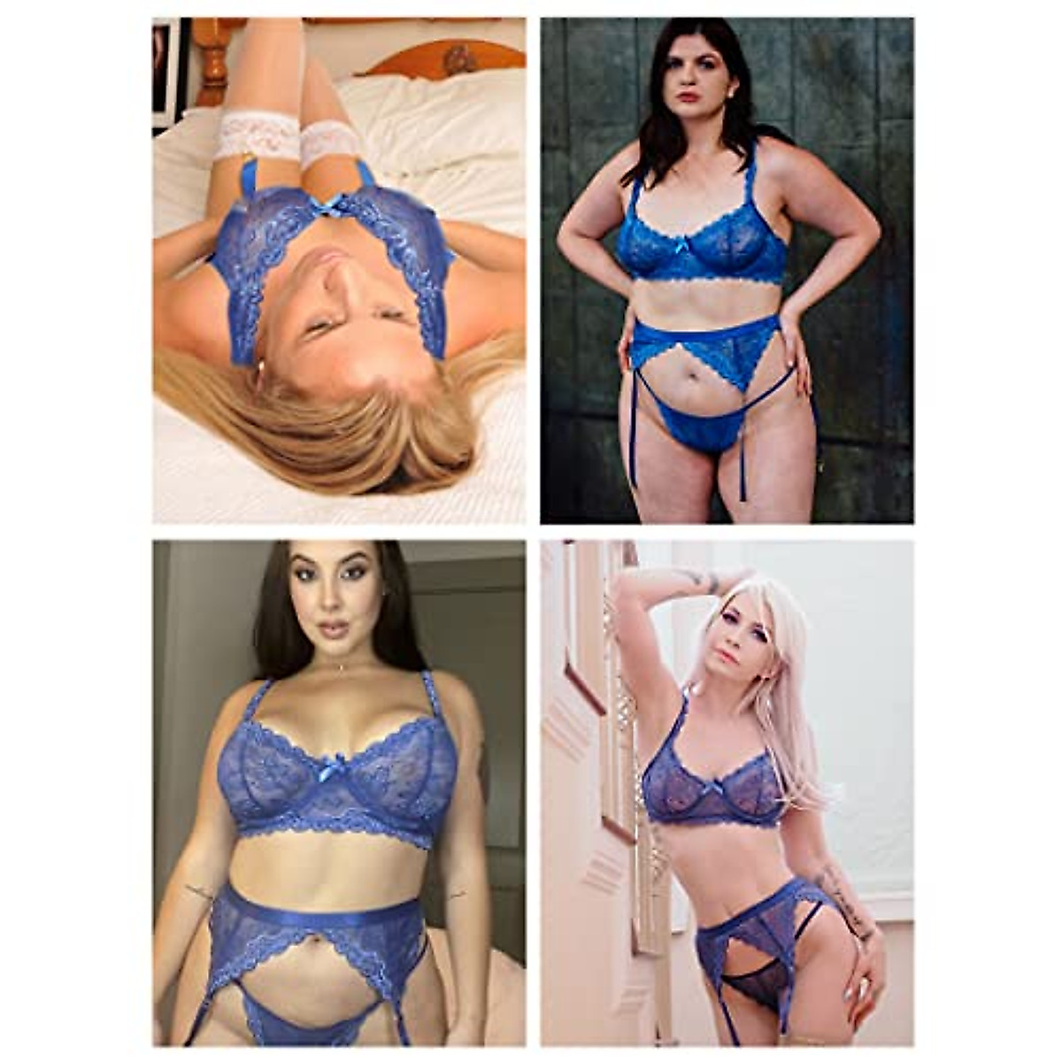 Avidlove Womens Lace Garter Lingerie Set with Underwire Push Up Lingerie Set (No Stockings) Blue M