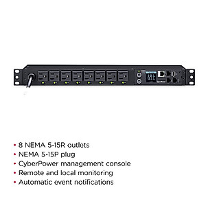 CyberPower PDU41001 Switched PDU, 100-120V/15A (Derated to 12A), 8 Outlets, 1U Rackmount