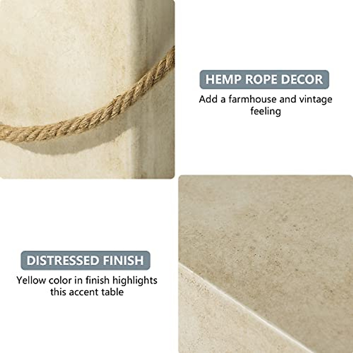 COSIEST Concrete Side Table, Rectangular Outdoor Side Table w Hemp Rope Handles,15''Patio Side Tables End Table, Outdoor Accent Side Table for Garden and Patio, Beige