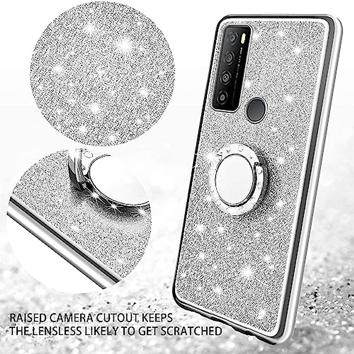 Easyscen Case for TCL 30 XL (6.82"), Clear Glitter Soft TPU Shockproof Protective Bumper Cover with Kickstand Lanyard, Sparkly Cute Slim Women Girls Phone Case for TCL 30 XL T701DL - Silver