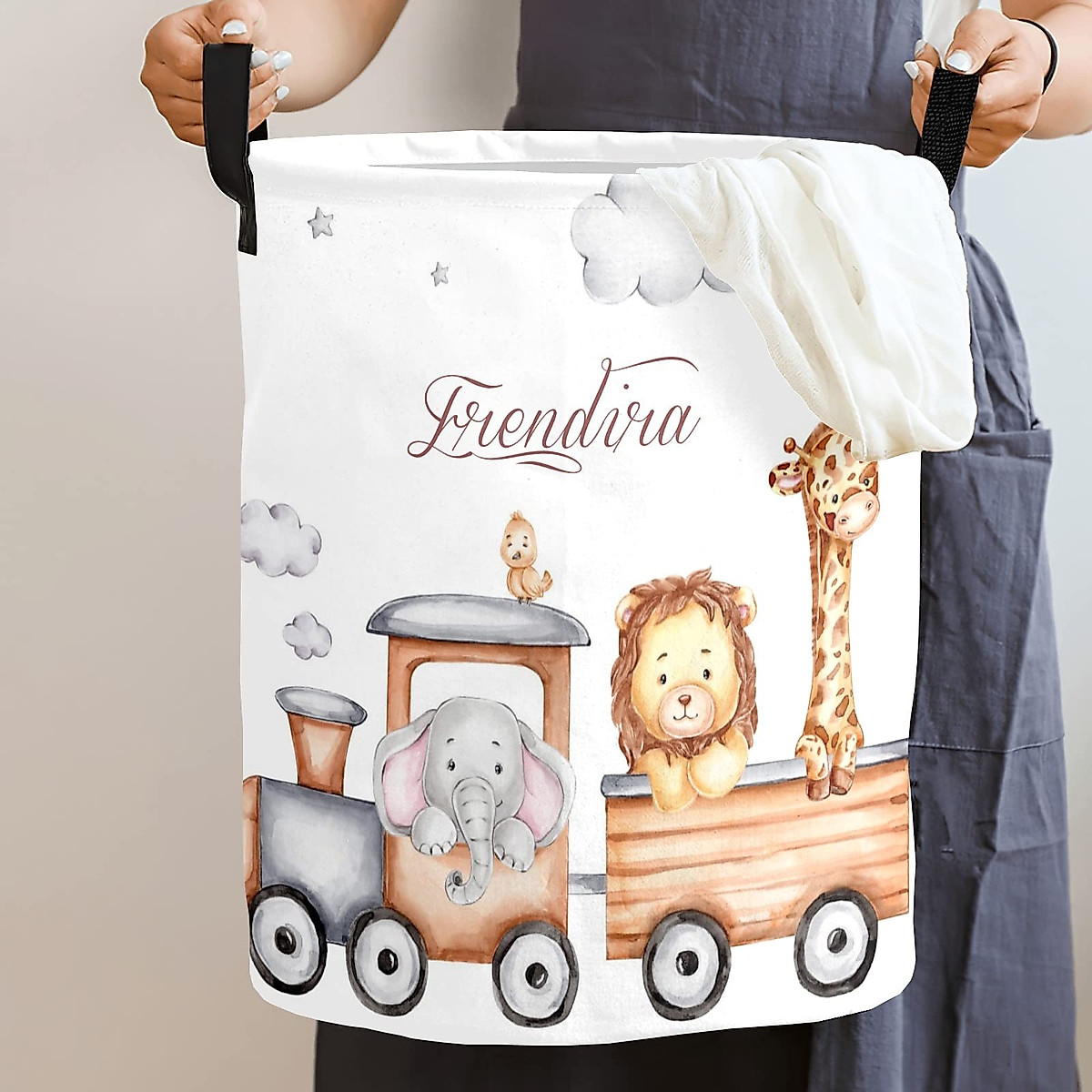 Personalized Laundry Basket, Train Elephant Lion Giraffe Custom Storage Bins Laundry Hamper with Name Collapsible Toys Organizer Gift