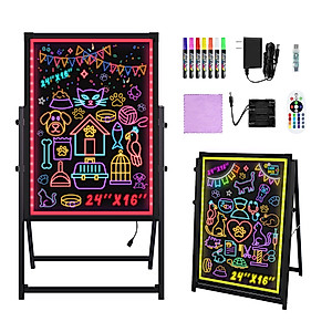 Hosim Standing A-Frame LED Message Writing Board, 24” x 16" Illuminated Erasable Neon Effect Restaurant Menu Sign, Flashing Mode DIY Message Chalkboard for Kitchen Wedding Promotions