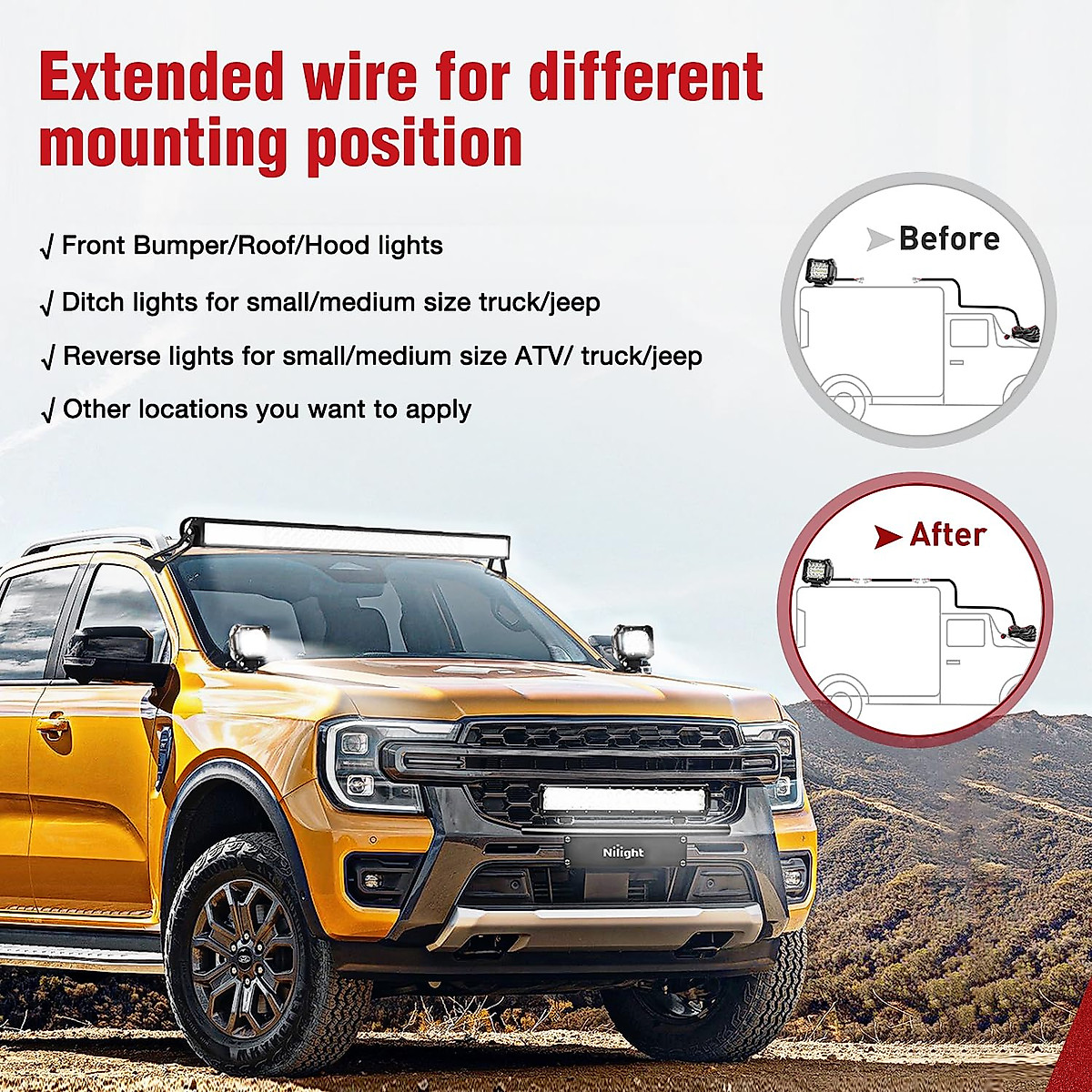 Nilight 2PCS 16 AWG 20 Feet Wiring Harness Extension Kit for LED Light bar Work Light LED Pods Off Road Lights Driving Fog Light Boat Lighting, 2 Years Warranty