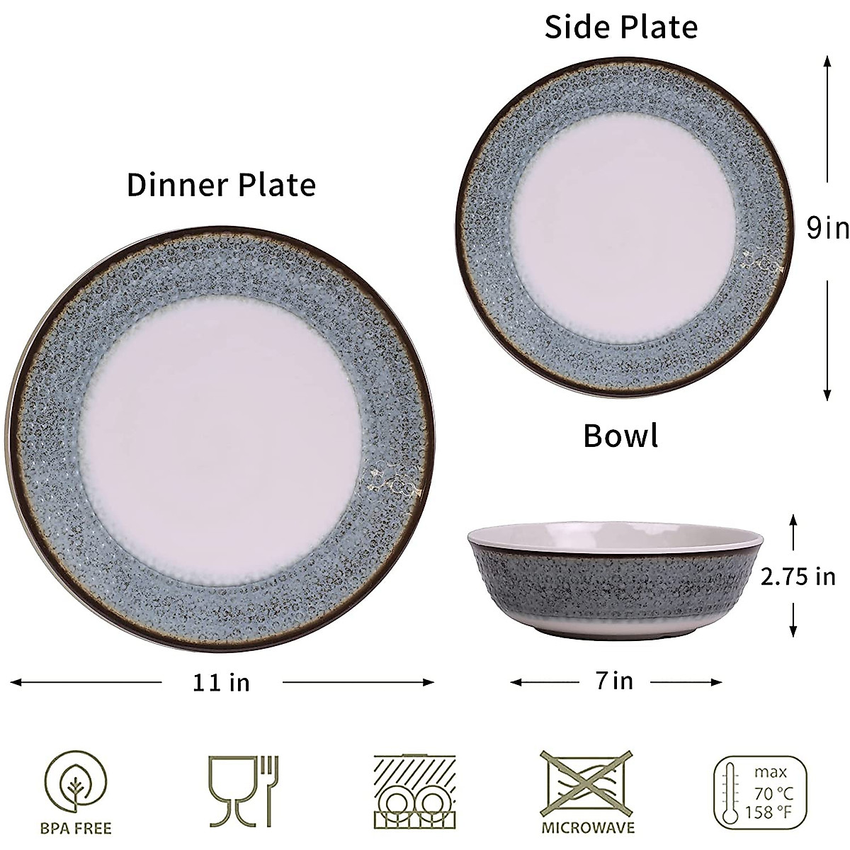 PUMELAMI Melamine Dinnerware Sets,12pcs Plates and Bowls Sets, Melamine Dishes Set for 4, Unbreakable,Dishwasher Safe, BPA Free,Great for Indoor Use,Camping, BBQ,RV, Party,Rustic Style (Teal)