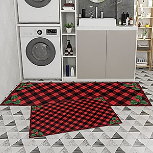 FDECOR Christmas Kitchen Mats Set of 2, Christmas Red Lattice Berry Cushioned Rugs Floor Mats for Kitchen Laundry,Non Slip Farmhouse Kitchen Runner Rugs Comfort Standing Mat, 19.7x31.5in+19.7x63in