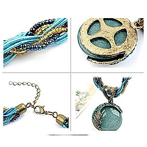 Harlorki Women Lady Retro Vintage Bohemian Style Twist Woven Rope Chain Turquoise Rhinestone Pendant Collar Necklace Fashion Jewelry