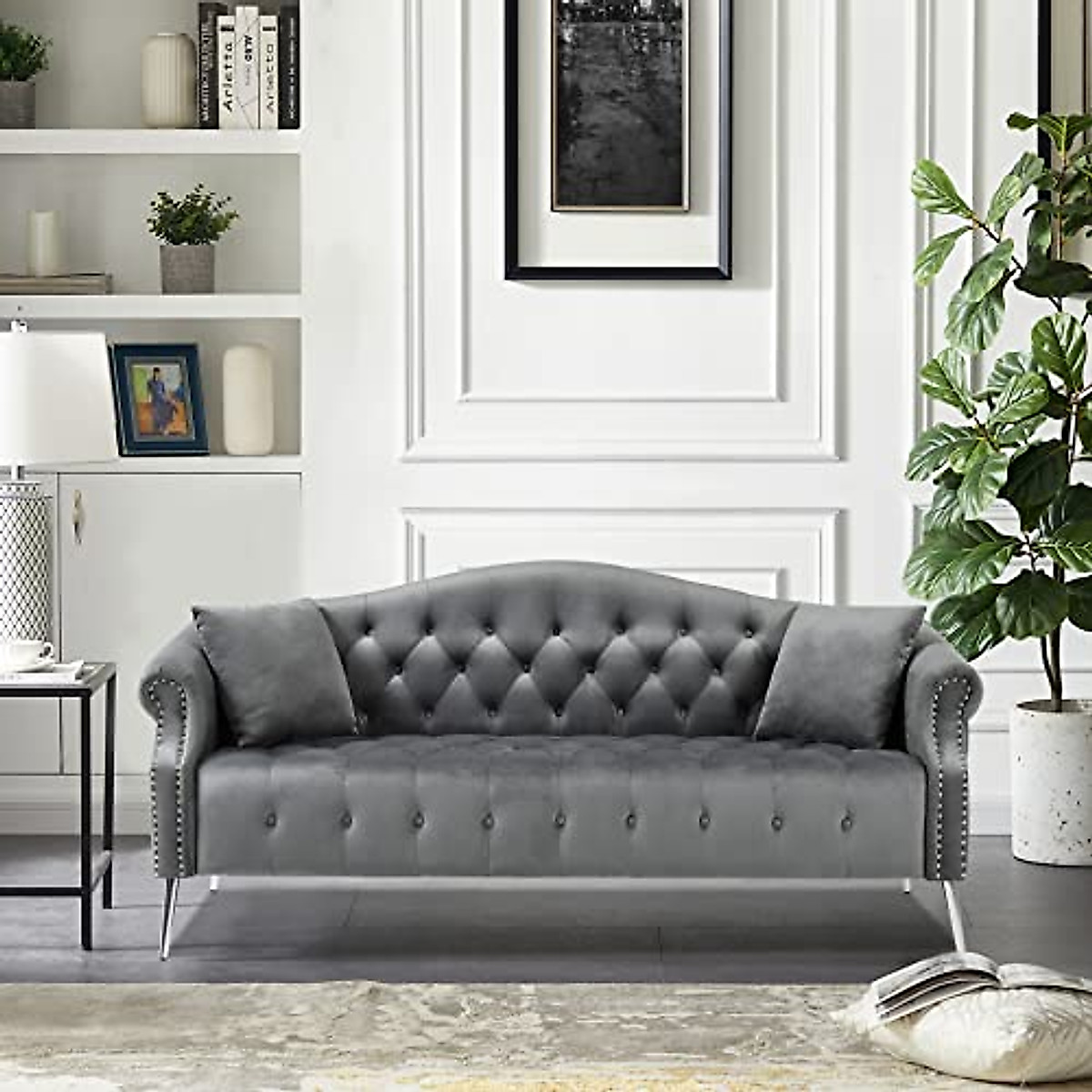 LIADTOP, 78.7" Classic Chesterfield Velvet Sofa Contemporary Upholstered Couch with Button Tufted and Rolled Arms, 2 Pillows Included, 3 Seater,Grey